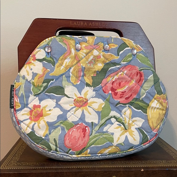Laura Ashley | Bags | Laura Ashley Reversible Blue Floral Design Wooden ...